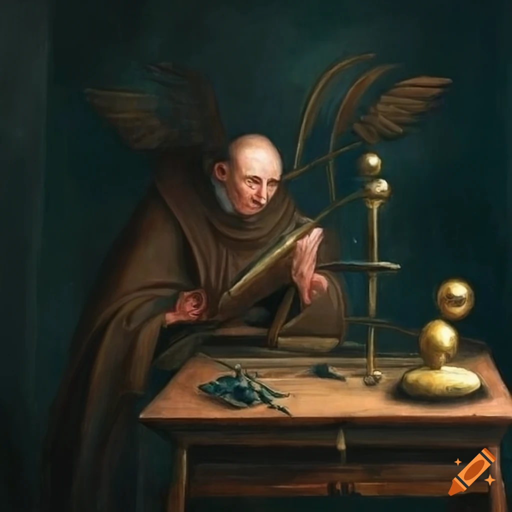 Medieval monk working on a winged orrery in a moody painting on Craiyon