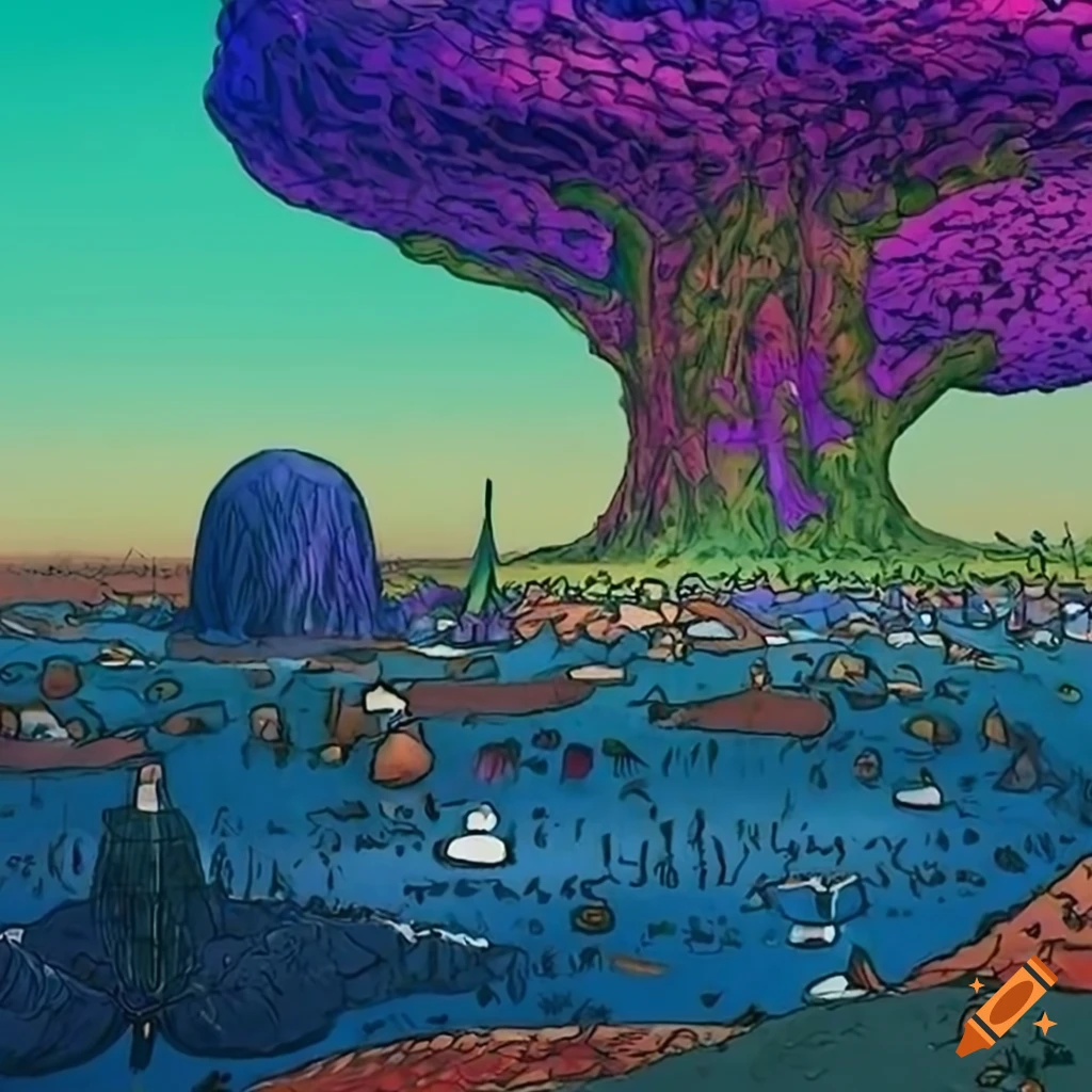 Alien landscape with colorful super-impressionistic world and giant ...