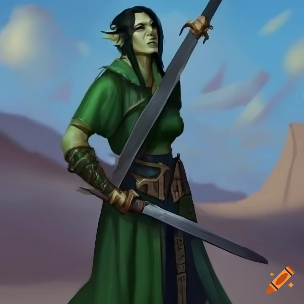 Thin elf with black hair and yellowish-green skin holding a longsword ...