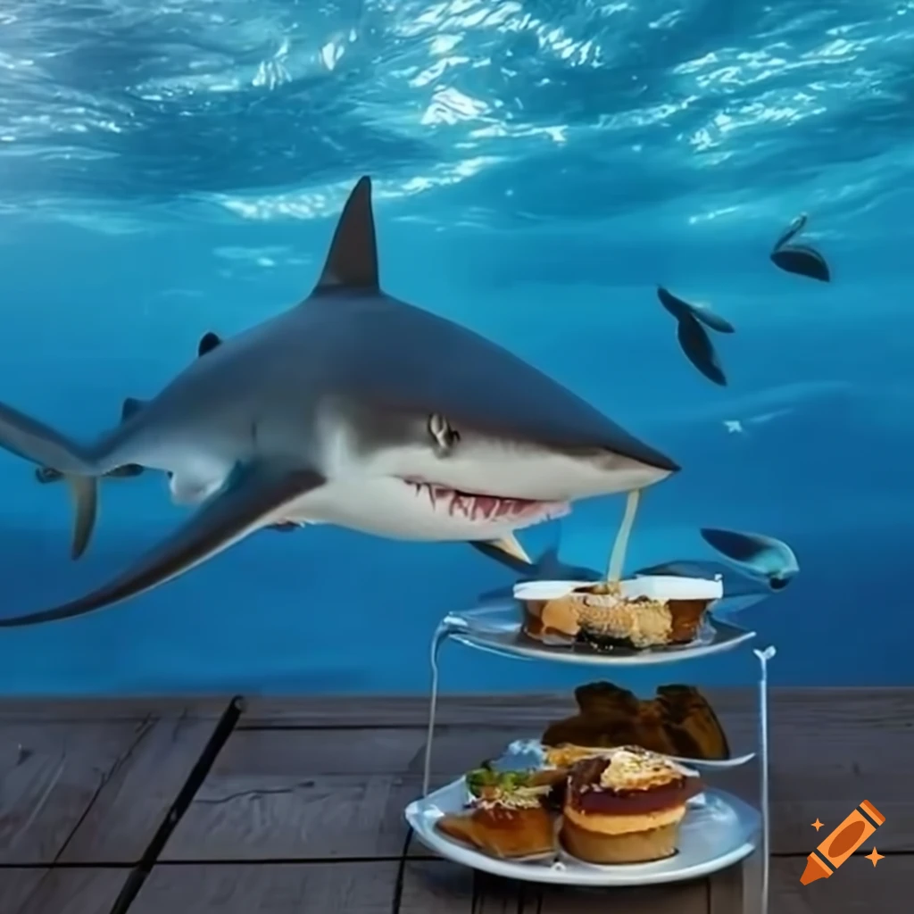 Friendly shark enjoying afternoon tea on a wooden deck with an ocean ...