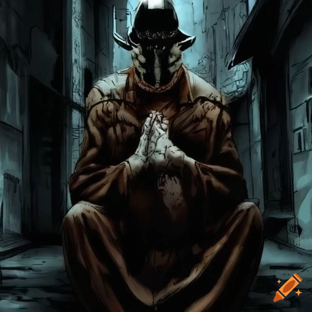 Rorschach in a dark, gothic alleyway lost in thought in his signature ...