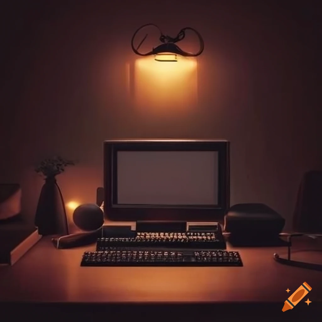Vintage computer living room setup with cozy lighting on Craiyon