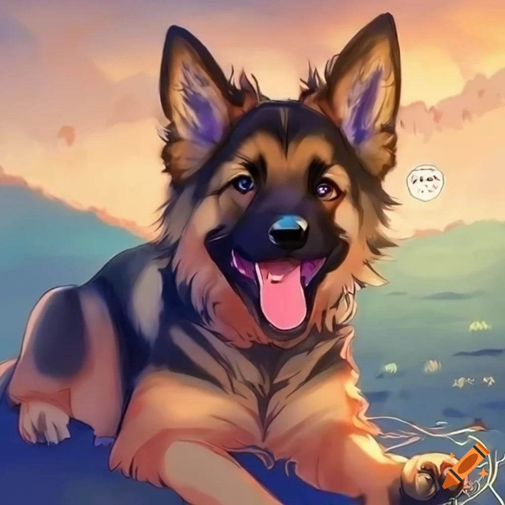Anime girl with a cute german shepherd puppy on Craiyon