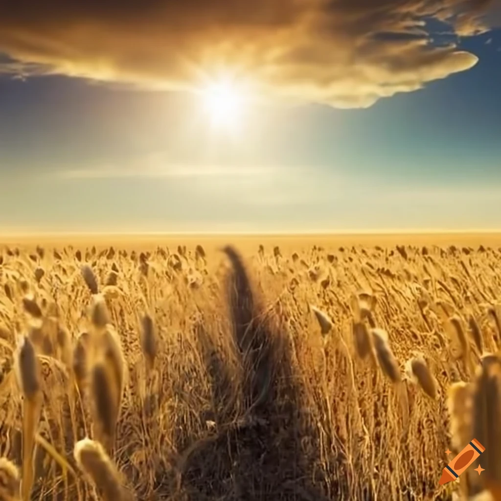 Path through grain fields with the rising sun on Craiyon