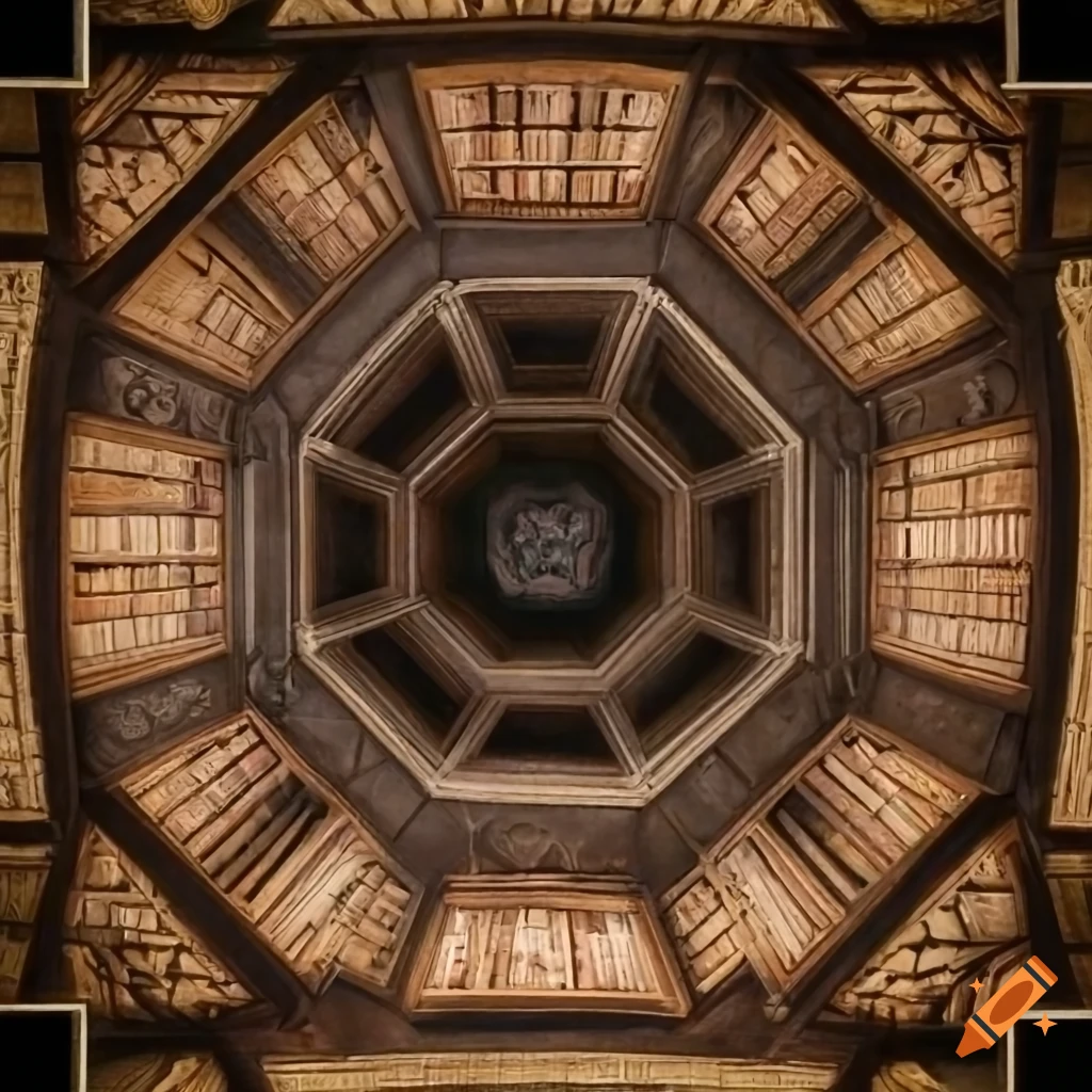 Top view of a hexagonal medieval library on Craiyon