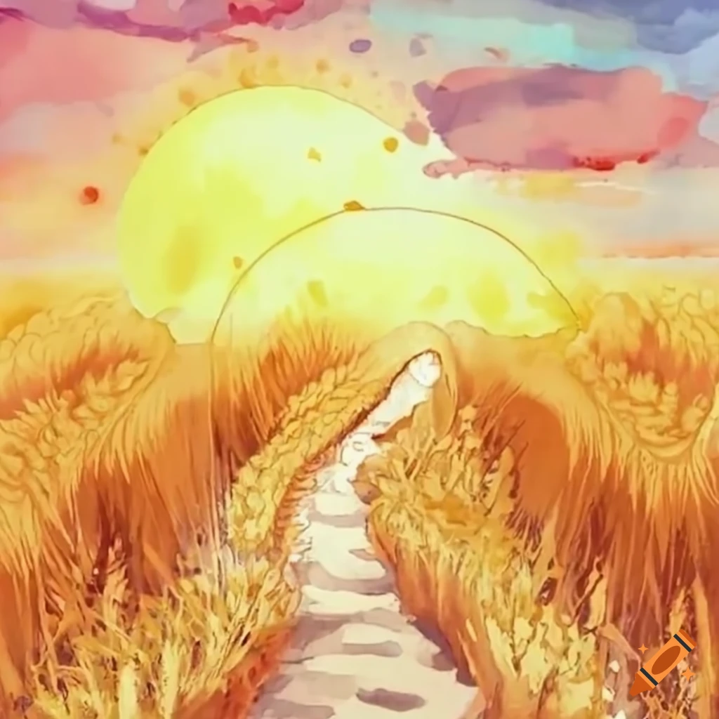 Path between ears of grain with the rising sun on Craiyon