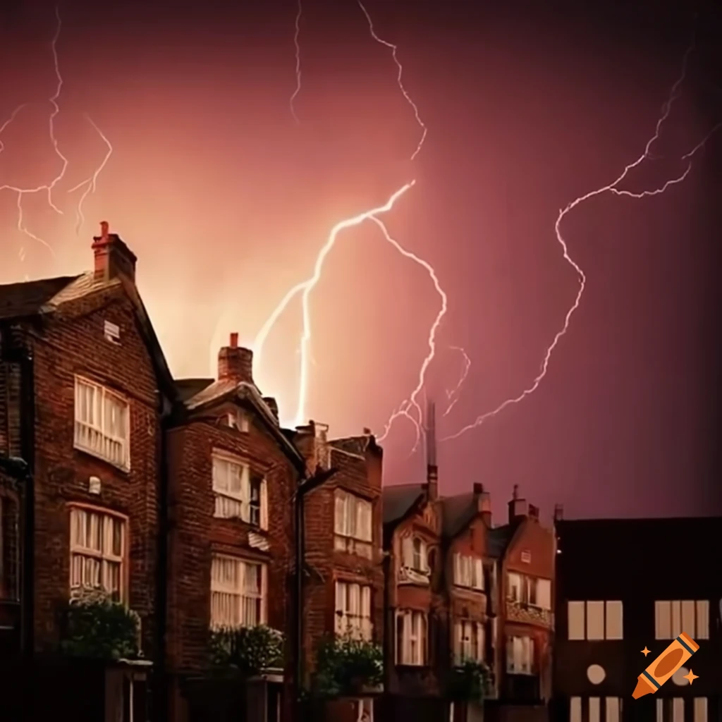 Realistic thunderstorm lightning over houses in london on Craiyon
