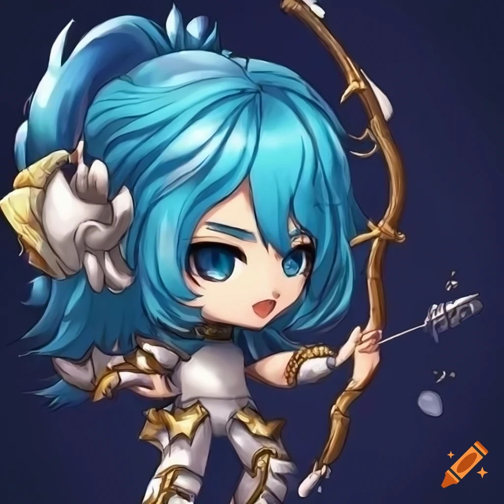 Maplestory character with radiant blue hair and bow and arrow on Craiyon