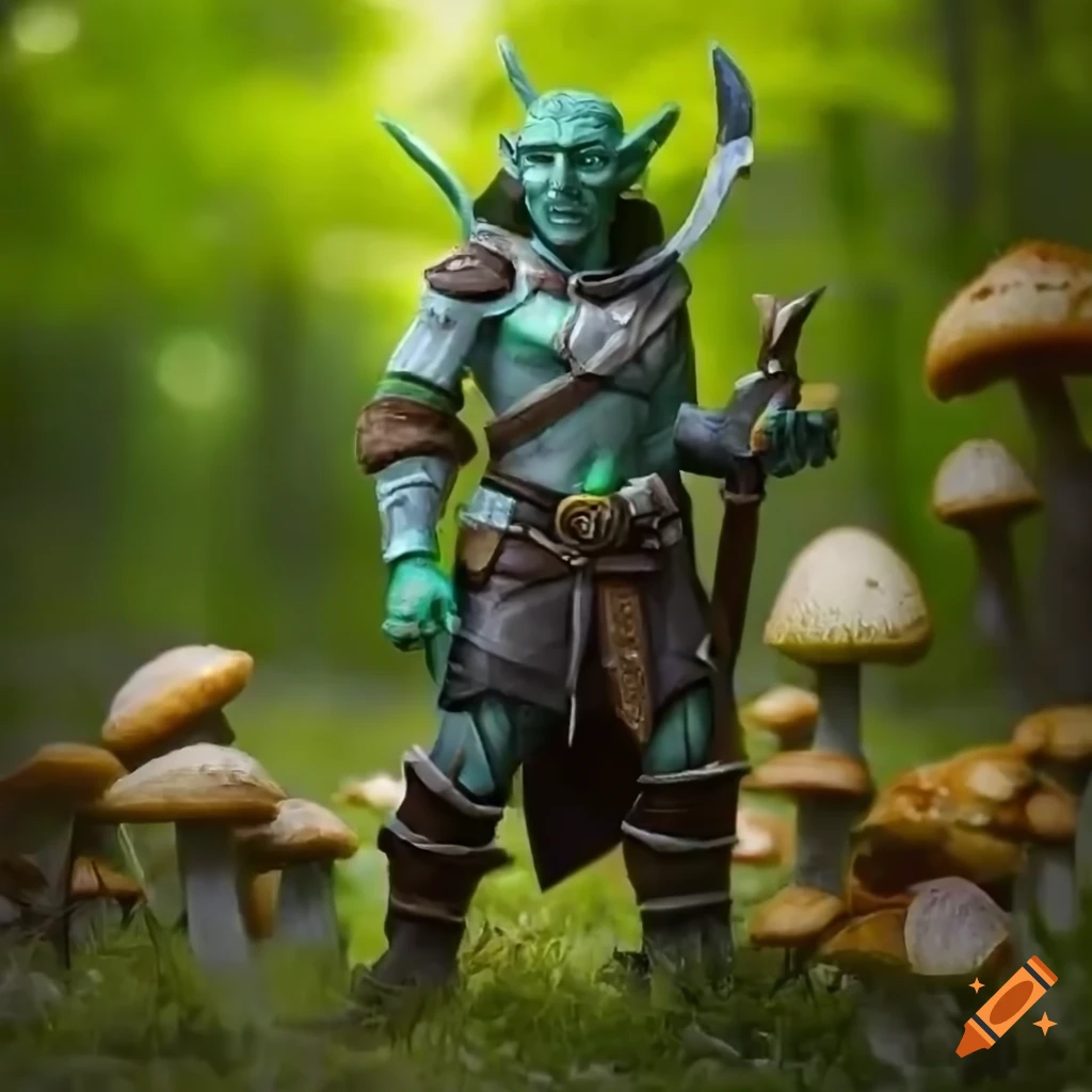 Grey green goblin druid adventurer with scimitar in hand surrounded by ...