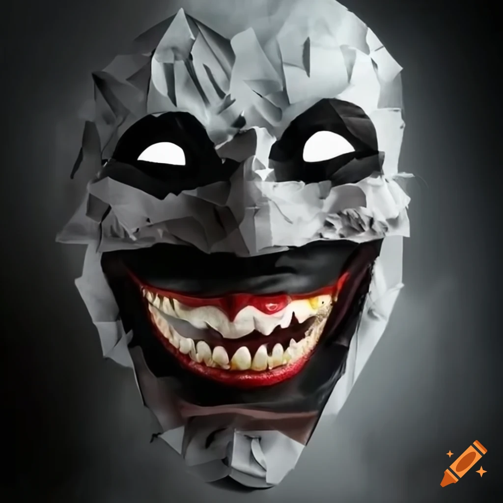 Laughing carnival mask surrounded by black smoke on Craiyon