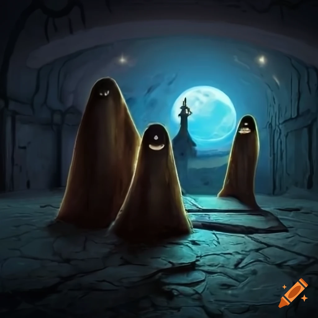Ethereal scene with ghosts in a dungeon hall with an alien planet moon outside on Craiyon