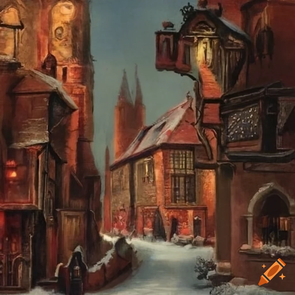 Vintage victorian christmas card of a medieval english town on Craiyon