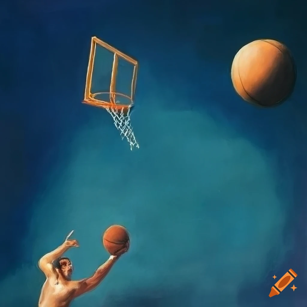 Aerial view of men playing basketball in the style of rene magritte on ...