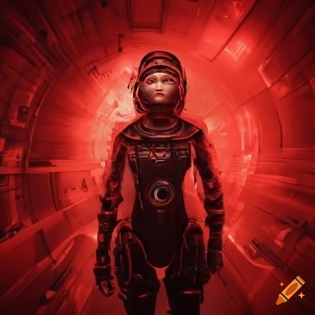 Female cosmonaut inside glowing red reactor core in a science fiction ...