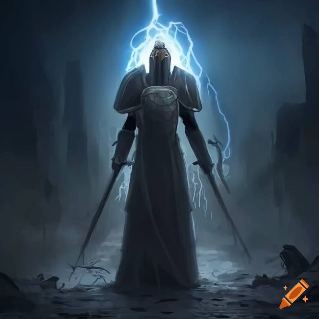 Epic lightning knight in chainmail armor standing tall in pouring rain ...