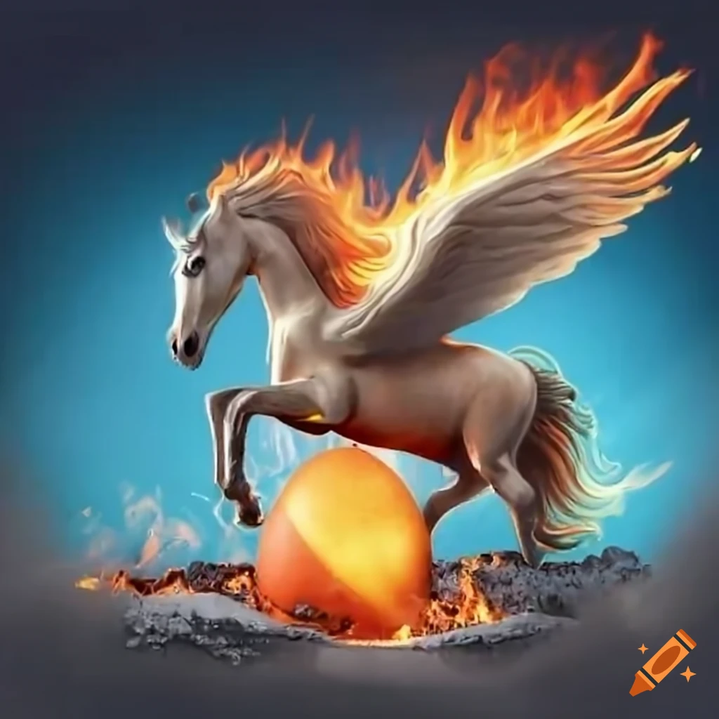 Pegasus leaping over a fence beside an exploding egg on Craiyon