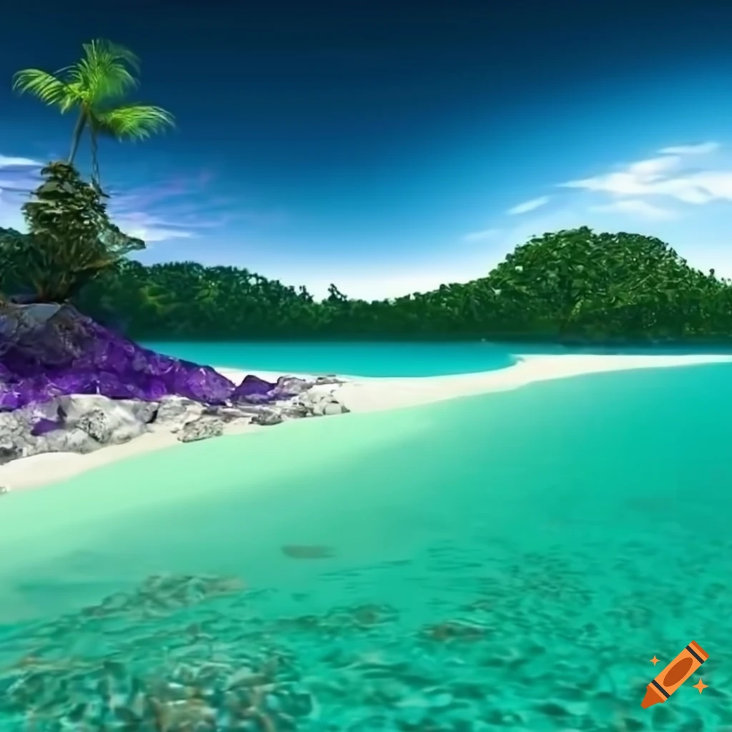 Surreal 3D rendering of a tropical coastline with shiny crystals pebble ...