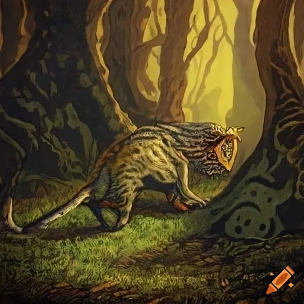 Feline predator walking in a mysterious fungal forest inspired by ...