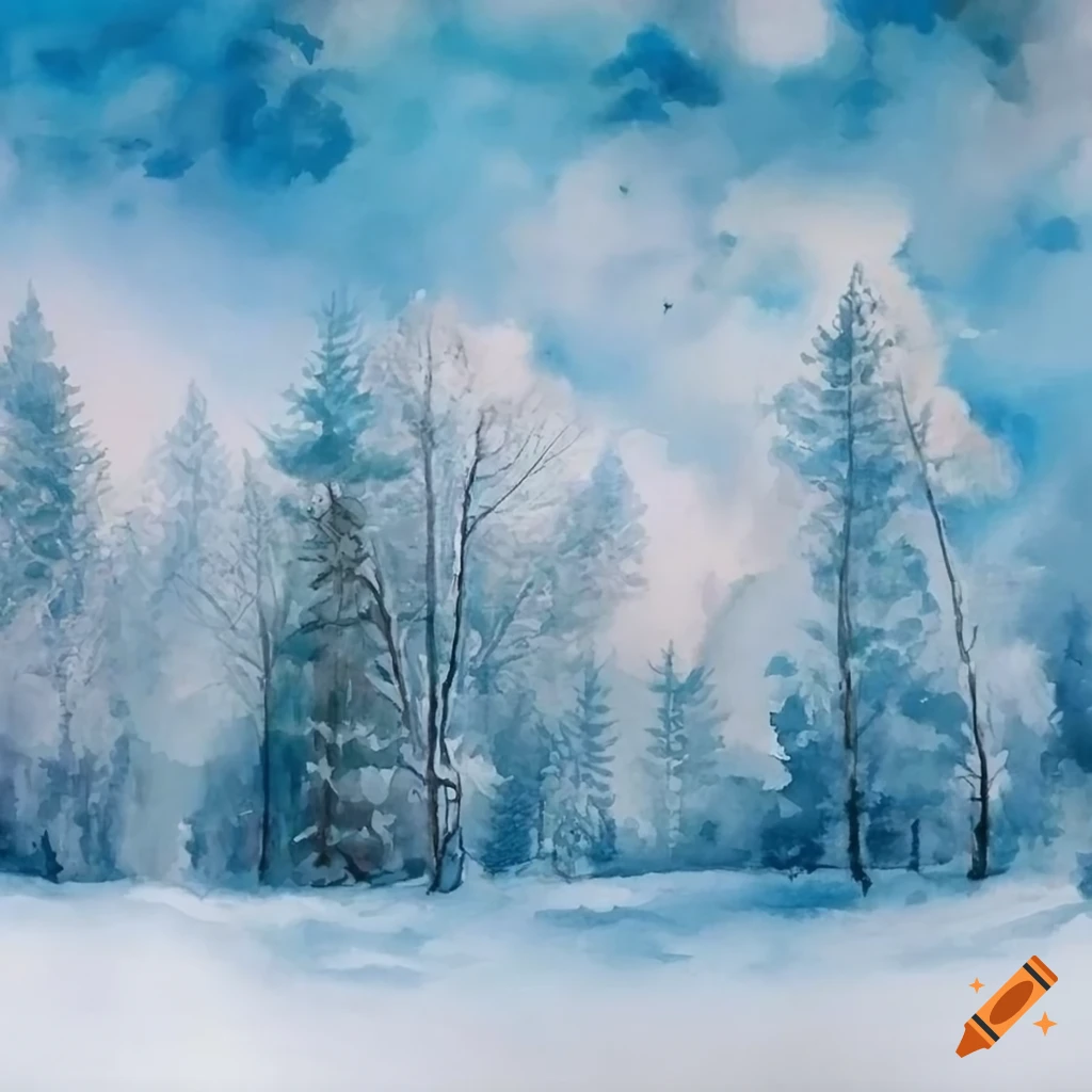 Highly detailed watercolor winter forest landscape with light blue sky ...