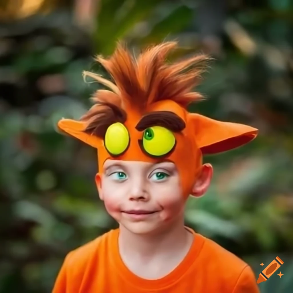 Kid in orange crash bandicoot costume with character's face on Craiyon