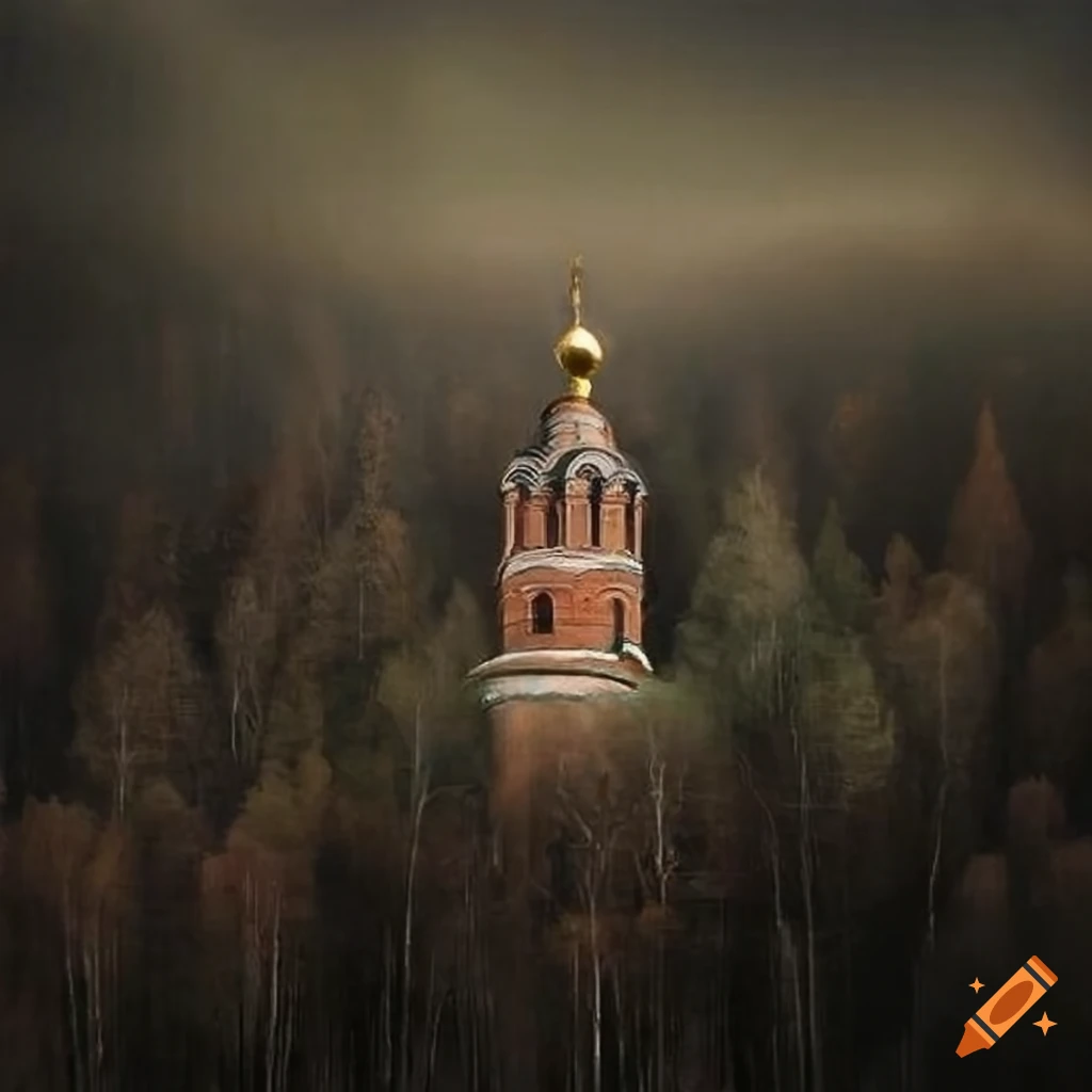 Surrealist russian church tower with onion dome in mystic forest ...