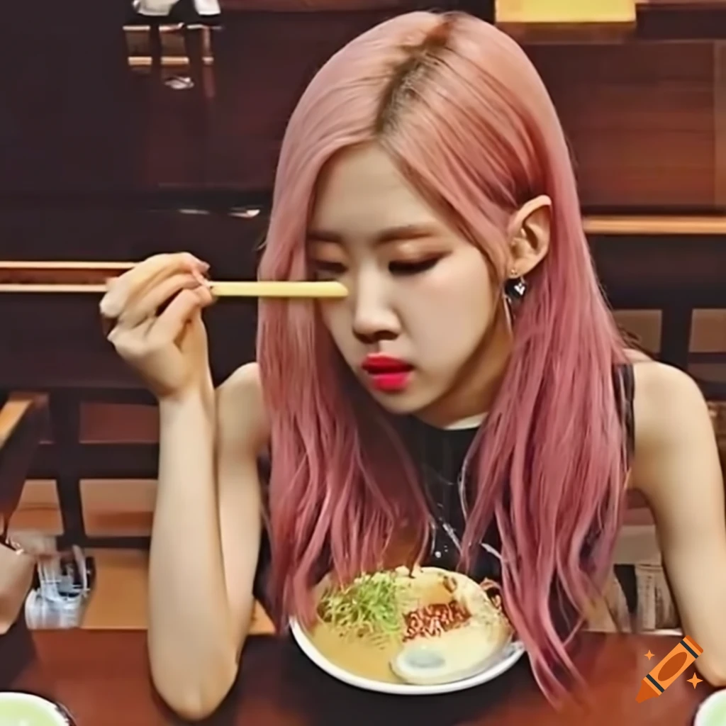 Blackpink rosé enjoying ramen in a japanese restaurant on Craiyon