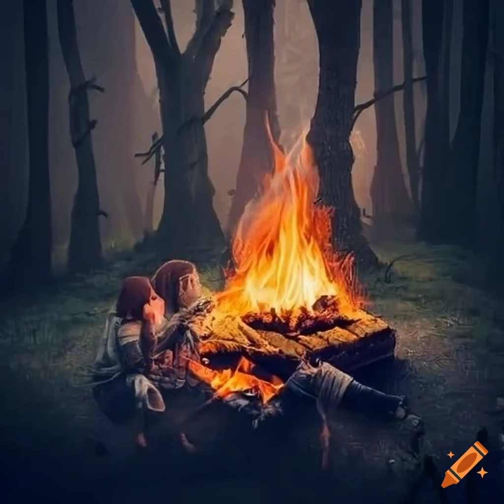 Campfire in a forest with medieval villager and people hanging from ...