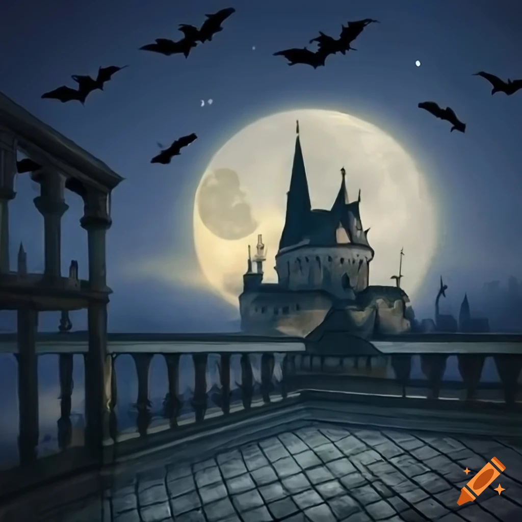 Anime transylvania castle balcony under a full moon with flying bats on ...