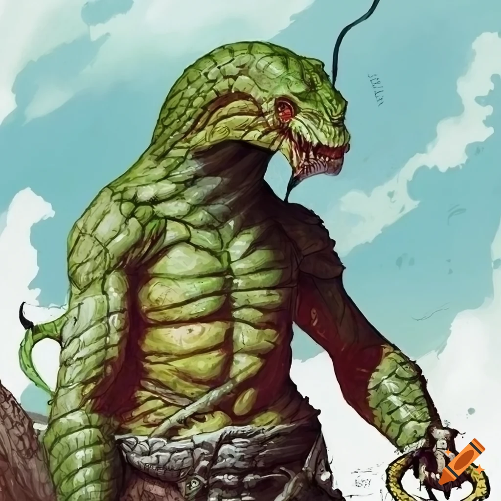 Illustration of a serpentman with lower half serpent and upper half ...