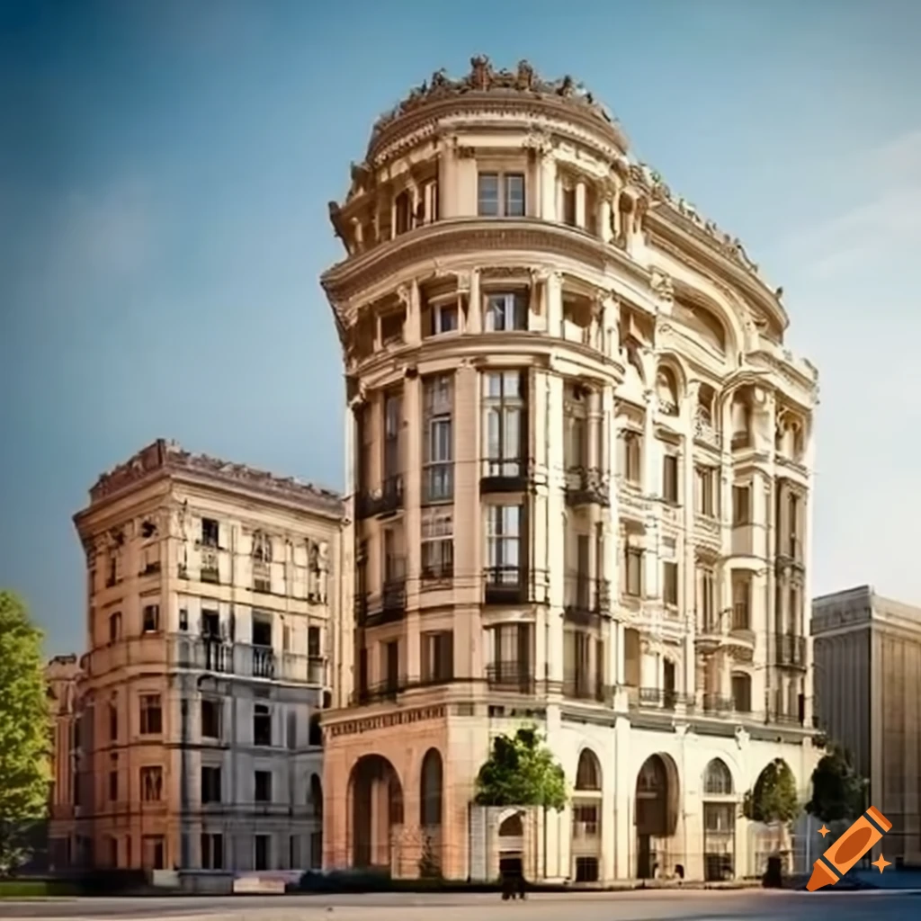 Elegant old-world neo-classical high-rise apartment tower with pergolas ...