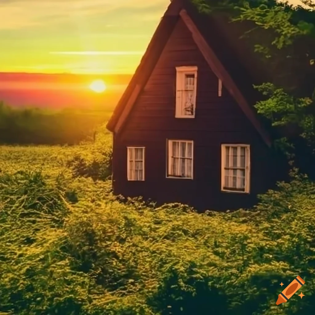Sunset over a quaint small cottage surrounded by greenery on Craiyon
