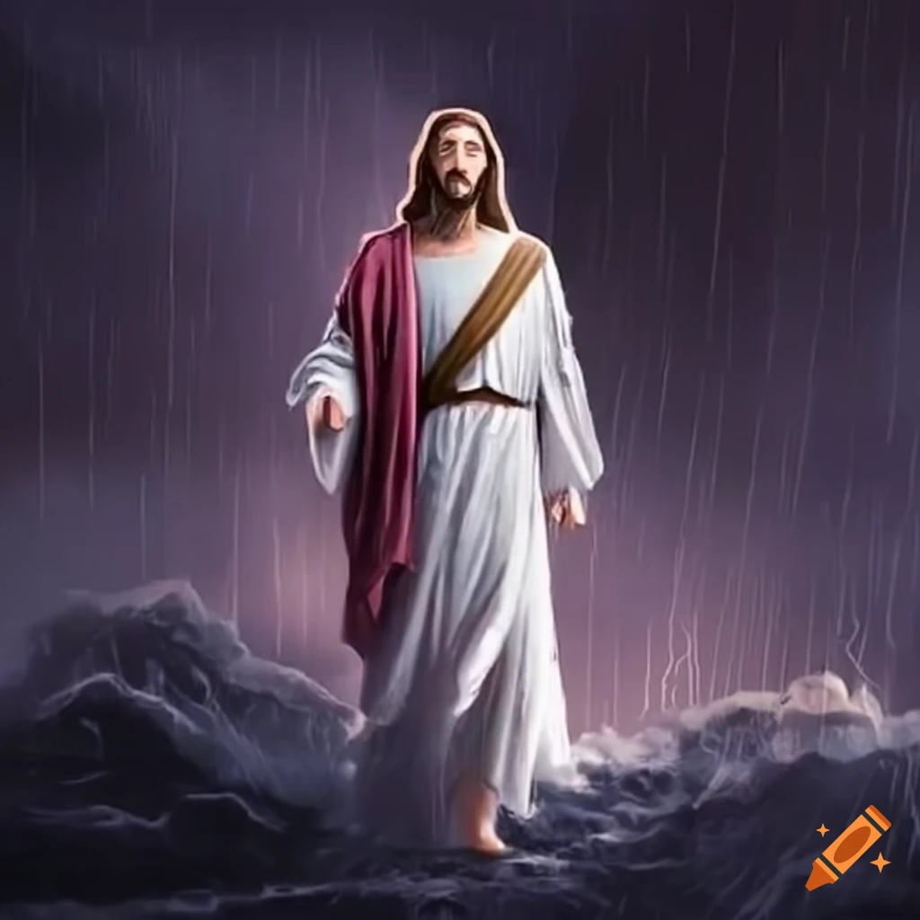 Jesus walking on water during a rainstorm on Craiyon