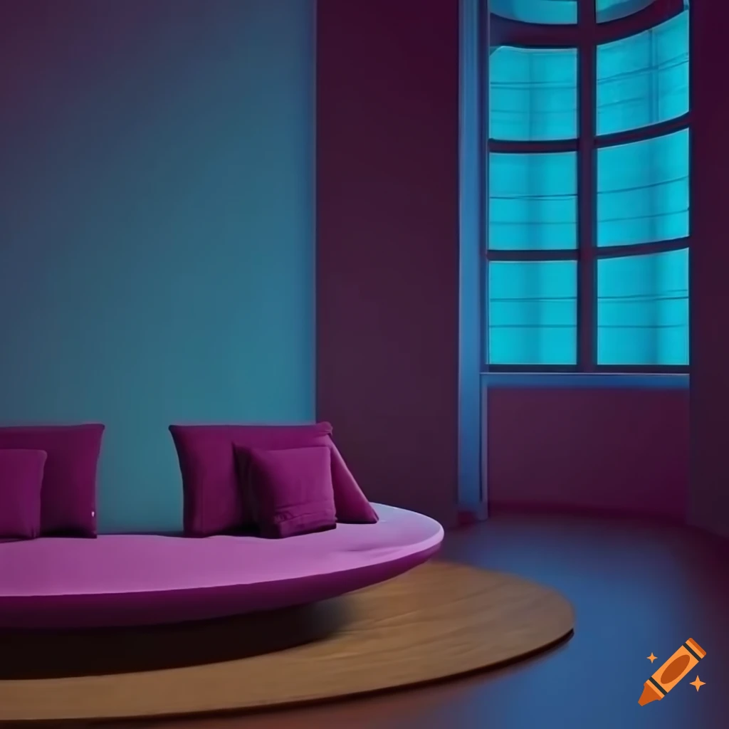 Round room with cold lighting and blue and purple furniture, featuring vegetation and water ...