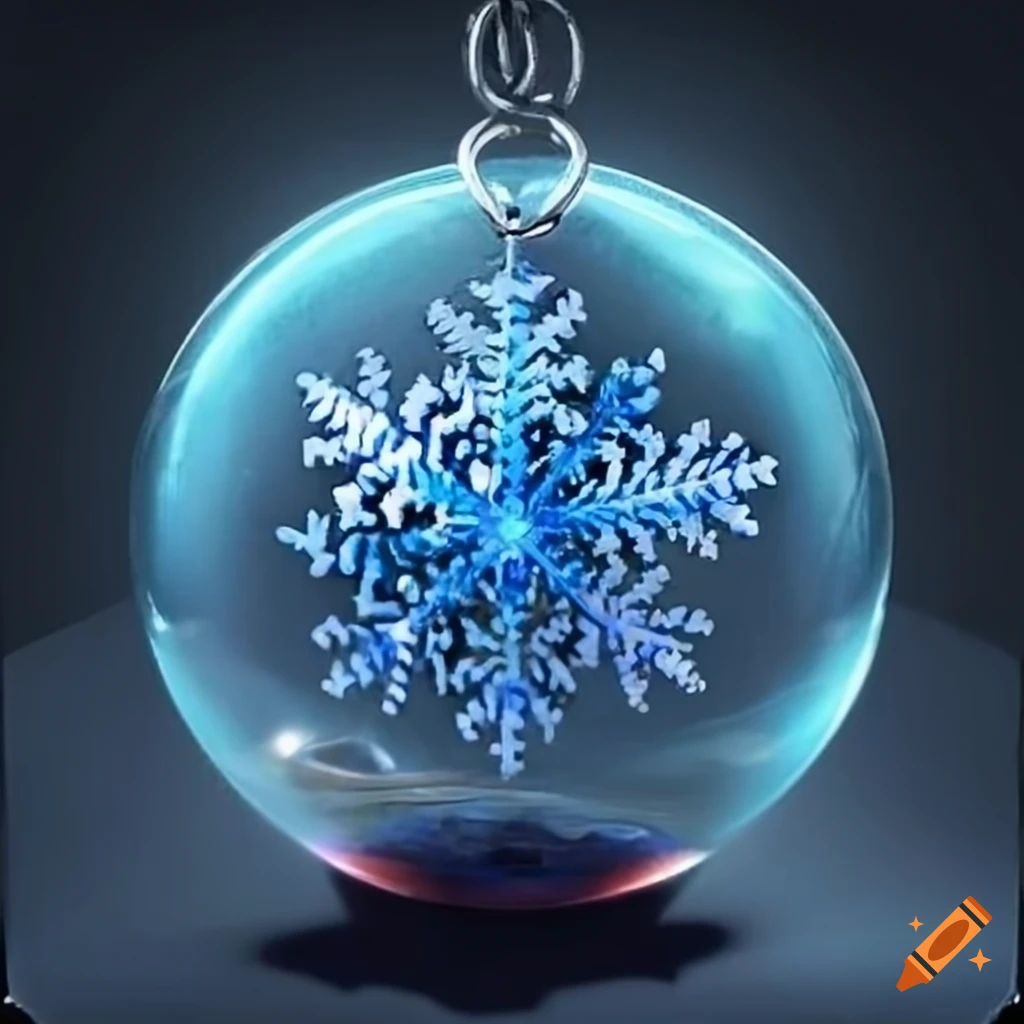 Snowflake amulet with glowing blue aura in a glass sphere on Craiyon