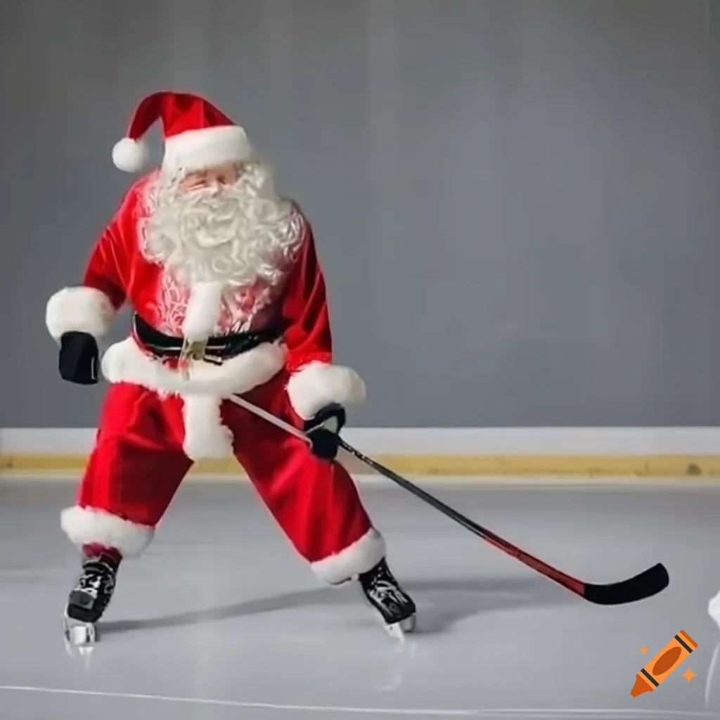 Santa claus with a hockey stick on an ice rink on Craiyon