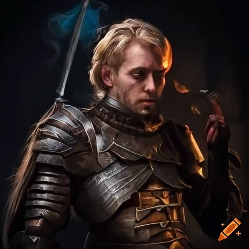 Blond man in armor wielding a smoking magic sword on Craiyon
