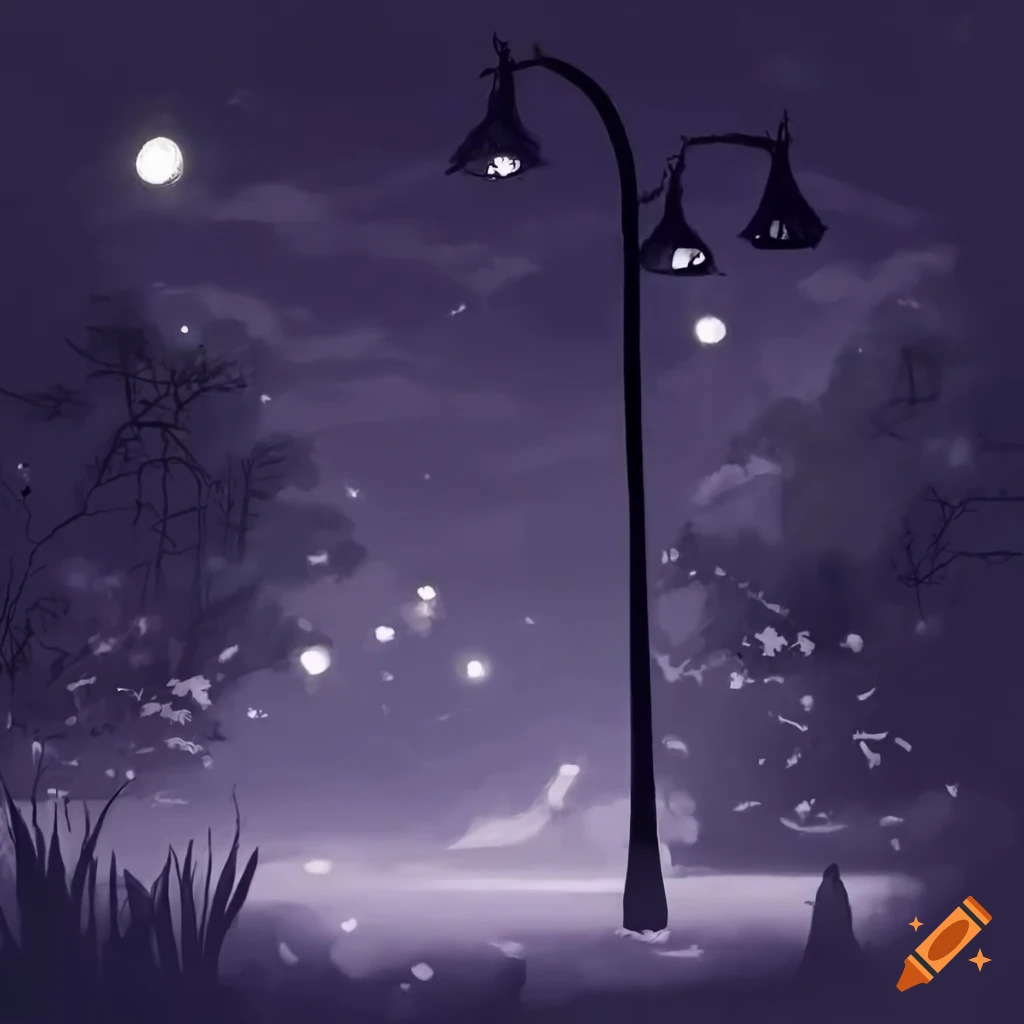 Bright streetlights shining on a field at night in line art on Craiyon