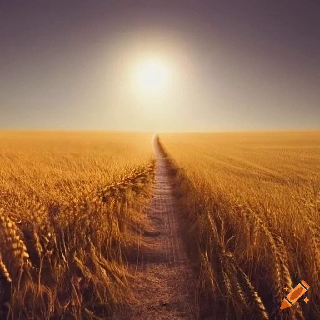 Path through fields of grain leading to a tree with the rising sun on ...