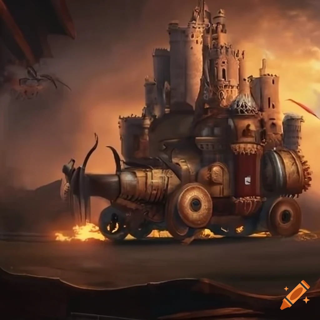 Steampunk vehicle with multiple attachments in a Ghibli-esque style on ...