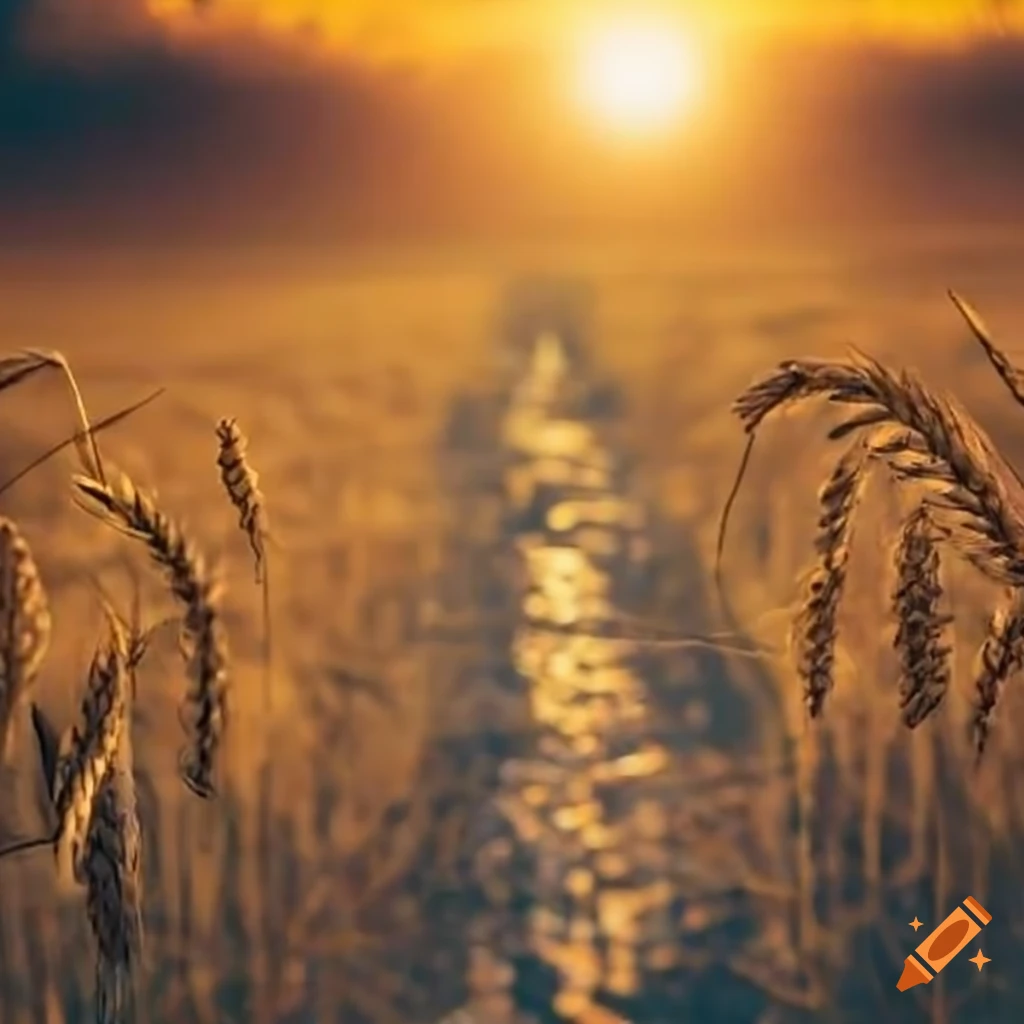 Path between ears of grain with rising sun on Craiyon