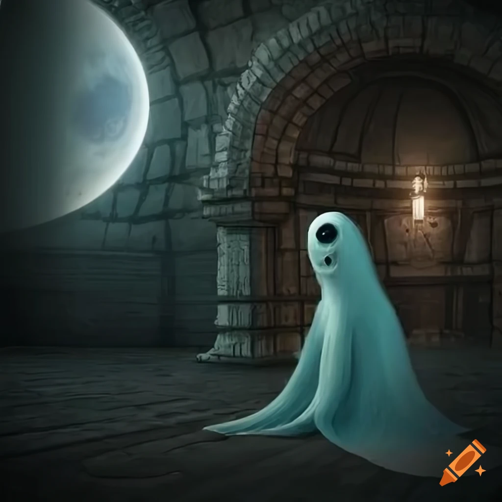 Ethereal scene with ghosts in a dungeon hall with an alien planet moon outside on Craiyon