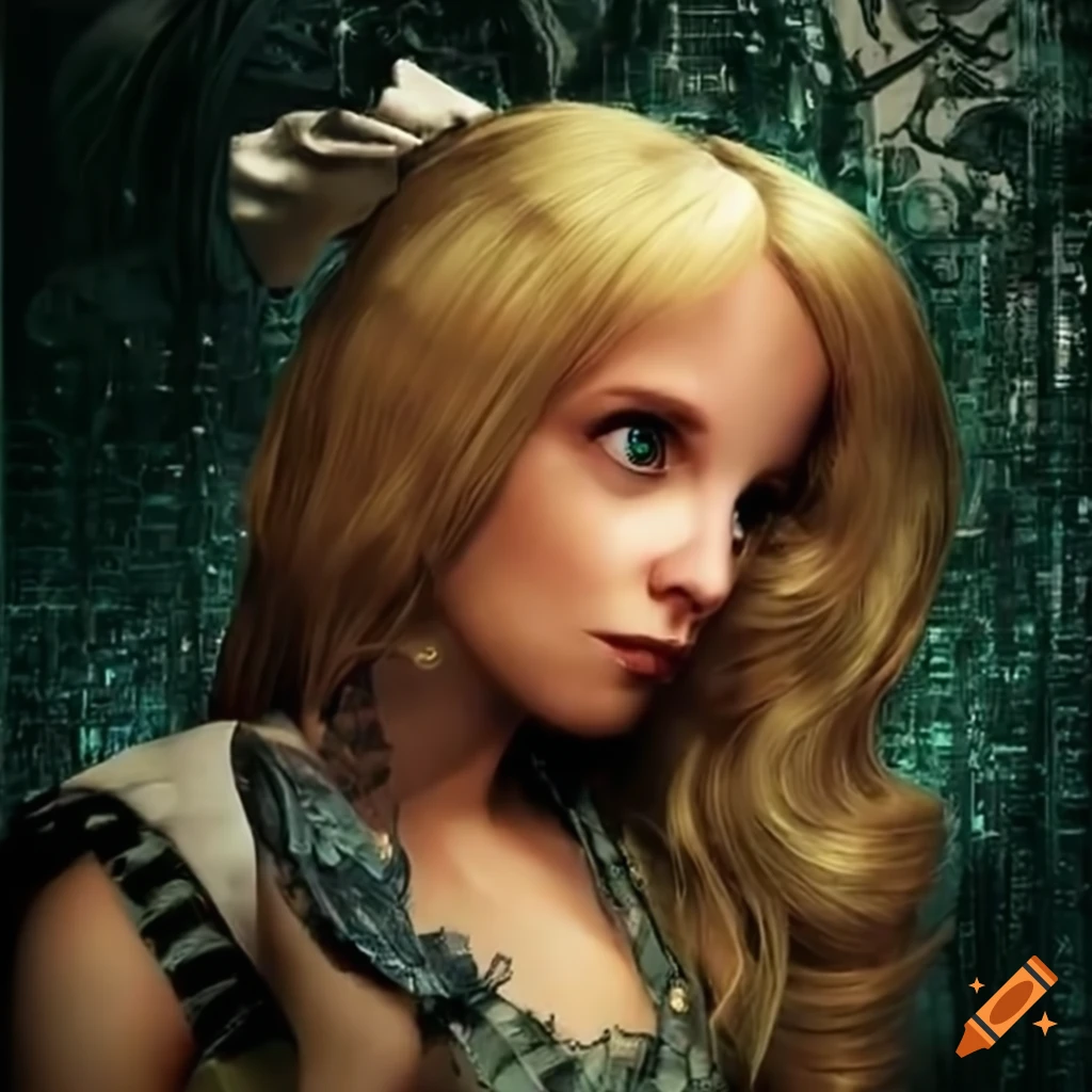 Alice in Wonderland revealing Matrix code behind a curtain on Craiyon