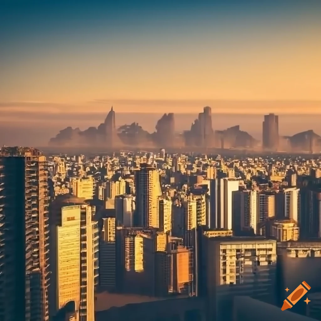 Realistic cityscape with tall buildings, palm trees, beach, and ...