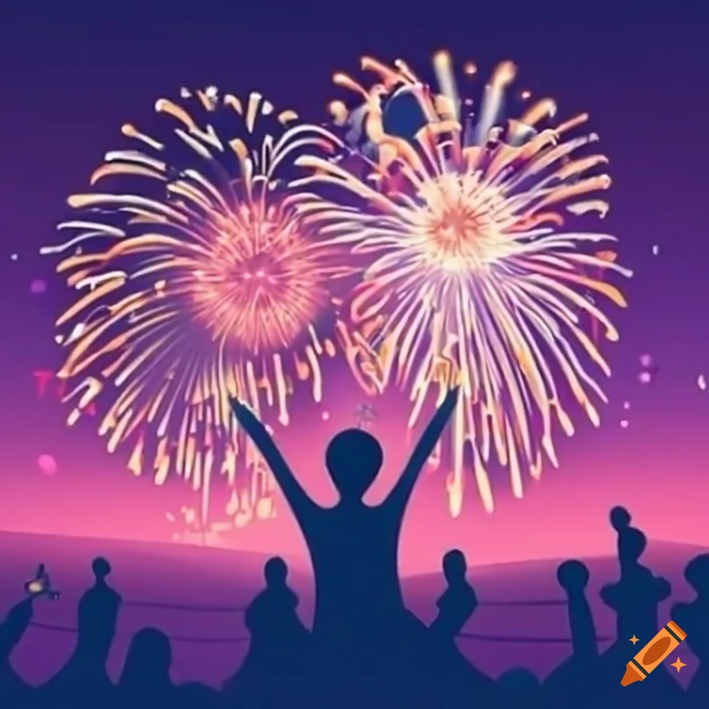 Successful team celebrating and overlooking fireworks on Craiyon