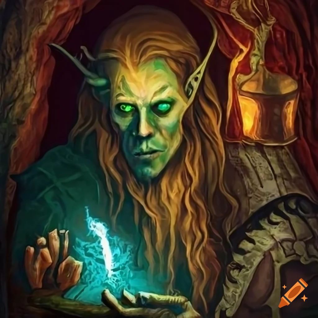 Elf lich wizard at an altar in a cave with wall torches in heavy metal ...
