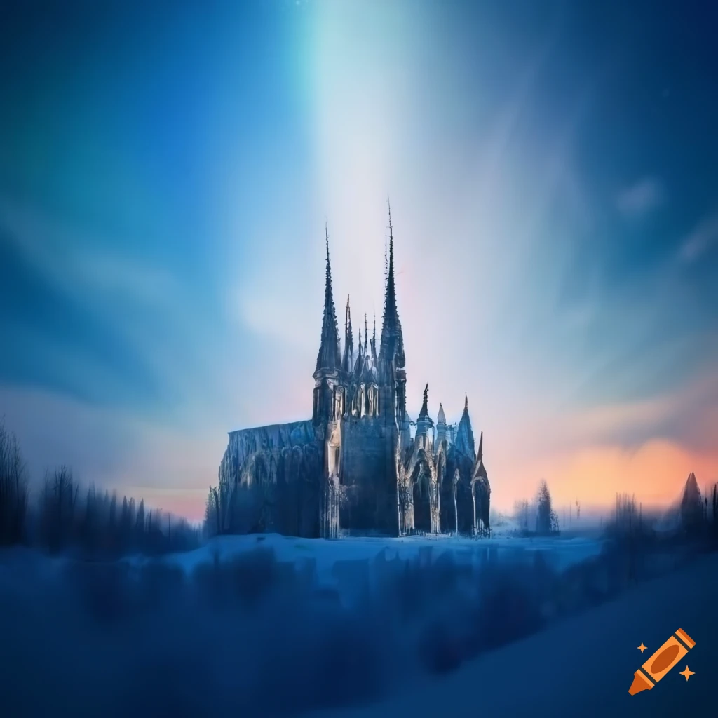 Ice-covered gothic cathedral in fantasy winter landscape with aura ...