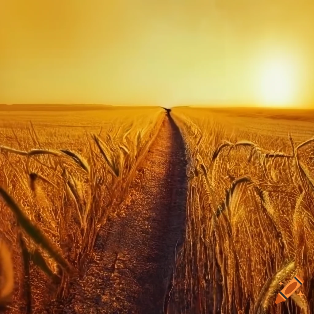 Path through grain fields towards a tree under the rising sun on Craiyon