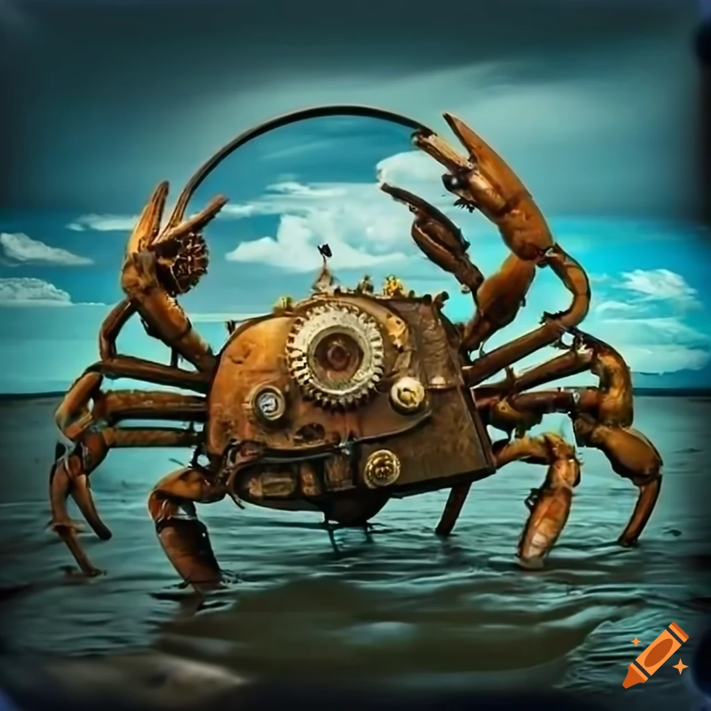 Steampunk crab machines with old television screens on the beach on Craiyon