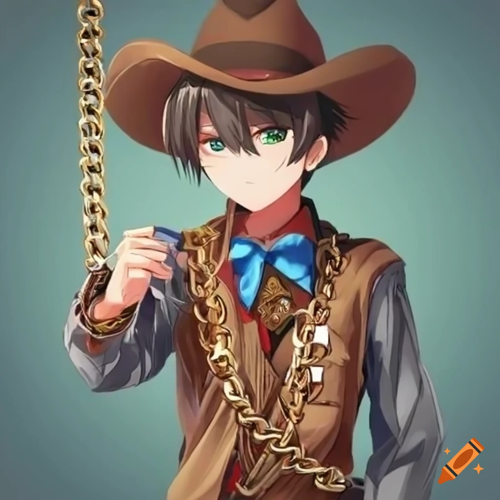 Anime sheriff boy in western cowboy outfit with gold chain necklace on ...