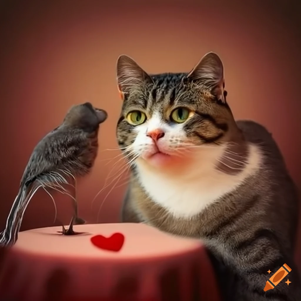 Cat on a romantic date with a bird on Craiyon